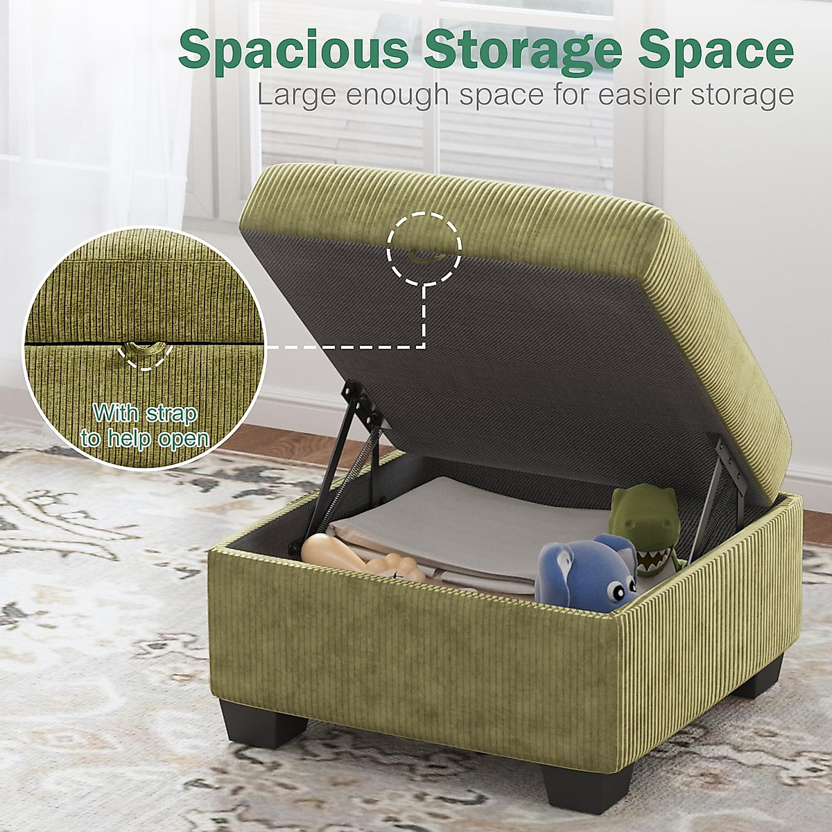 ABCASA Sofa Ottoman with Storage,Ottoman Module for Modular Sectional Sofa Couch, Storage Ottoman Footrest and Seat Cube, Green