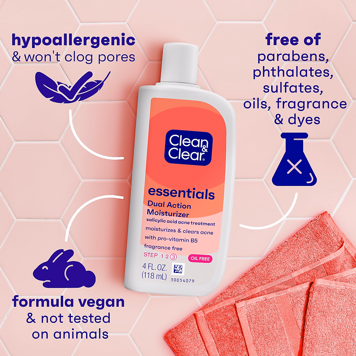 Clean & Clear Essentials Dual Action Oil-Free Facial Moisturizer, Salicylic Acid Acne Treatment with Pro-Vitamin B5 Moisturizes While Treating Acne & Helping to Prevent Pimples, 4 fl. Oz (Pack of 3)