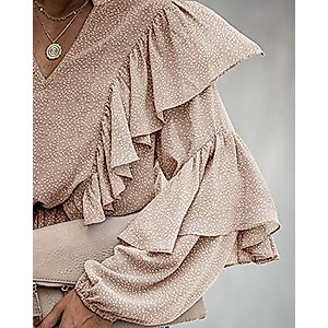 MITILLY Women's Elegant Long Sleeve Dresses V Neck High Waist Ruffle Loose Flowy Party Mini Dress with Belt Large Khaki