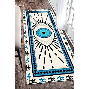 HAOCOO Evil Eye Runner Rug 2’x 5’ Non-Slip Washable Kitchen Area Rug Boho Chic Distressed Tribal Decorative Soft Velvet Creative Floor Carpet Bath Rug for Bedroom Living Room Entryway Hallway