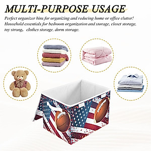 Storage Bins with Lids and Handles,Football and American Flag Storage Box Storage Basket with Cover Collapsible Organizer Containers for Home Closet, Shelves