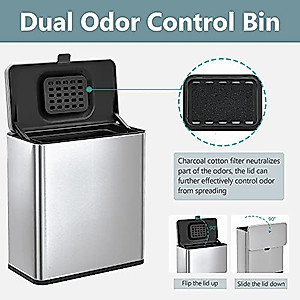LAND·VOI Hanging Kitchen Compost Bin 6 Liter/1.6 Gallon, Small Trash Can with Detachable Inner Bucket for Cupboard/Countertop/Bathroom/Camping, Includes Charcoal Filter, Brushed Stainless Steel