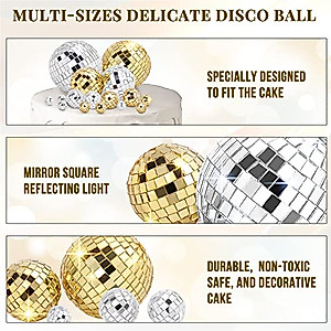 Ayfjovs 18 PCS Disco Ball Cake Decoration Disco Ball Cake Toppers Disco Table Decoration Cake Centerpiece with Confetti Decor 70s Disco Themed Cake for Birthday Theme 70s Party Supplies(Silver&Gold)