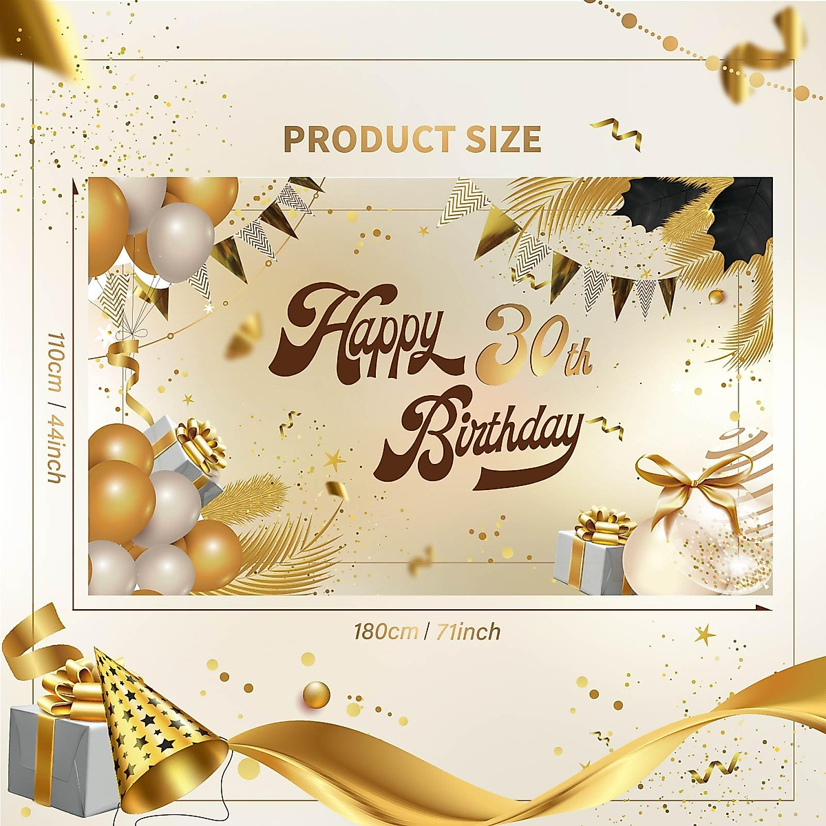 Bing-Haoze 30th Happy Birthday Backdrop Banner- 71“x 44” Gold Happy Birthday Decorations Banner Party Decorations Supplies Photo Background for Men Women Birthday Party