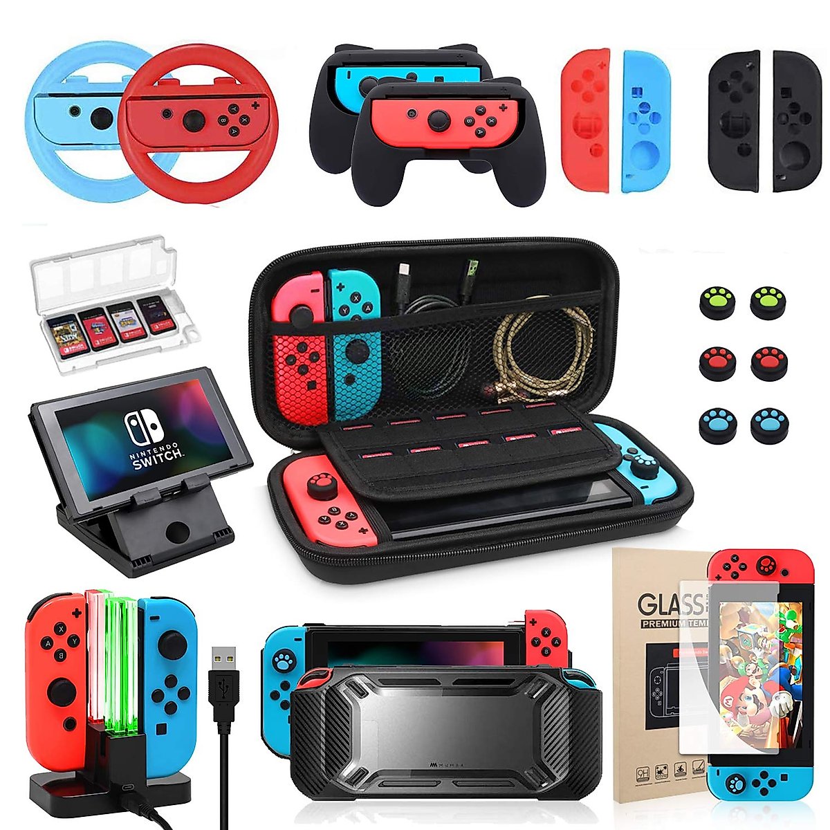 Switch Accessories Bundle, Kit with Carrying Case, Protective Case with Screen Protector, Compact Playstand,Game Case, Joystick Cap, Charging Dock, Grip and Steering Wheel for Nintendo Switch(20-in-1)