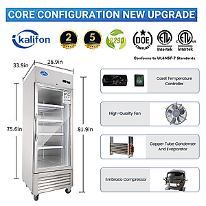 kalifon Commercial Display Refrigerator Merchandiser with 1 Glass Door - 23 Cu.Ft Upright Display Refrigerator with LED Lighting