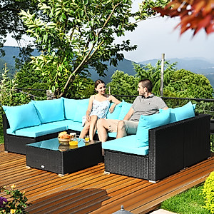 Tangkula 7 Piece Patio Furniture Set, Outdoor Sectional Sofa w/Pillows and Cushions, Wicker Sofa Conversation Set with Coffee Table, Patio Sofa and Tea Table Set for Garden, Lawn