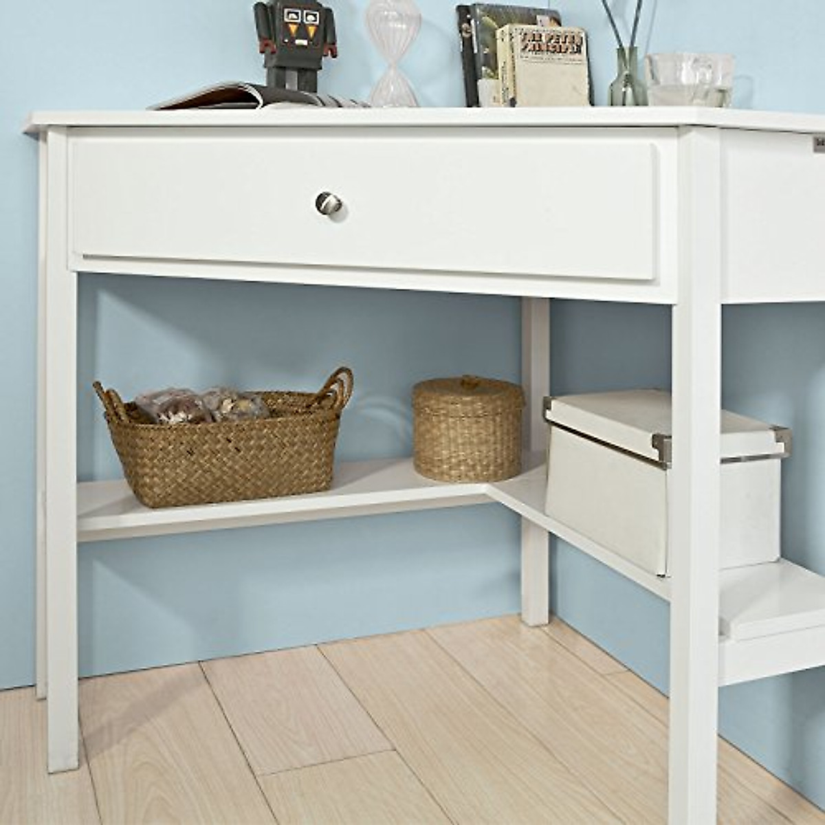 Haotian FWT31-W, White Corner Desk, Triangle Computer Desk with Drawer and Shelf, Home Office Desk, Computer Workstation