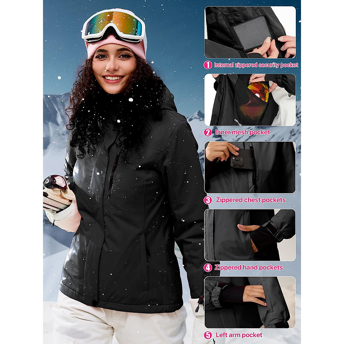 FREE SOLDIER Women's Waterproof Ski Snow Jacket Fleece Lined Warm Winter Rain Jacket with Hood Fully Taped Seams(Black,3XL)