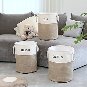 Sea Team Jute and Canvas Storage Basket with Cotton Rope Handles and Drawstring Closure, Collapsible, Lightweight Laundry Hamper for Home - 46.8L Capacity