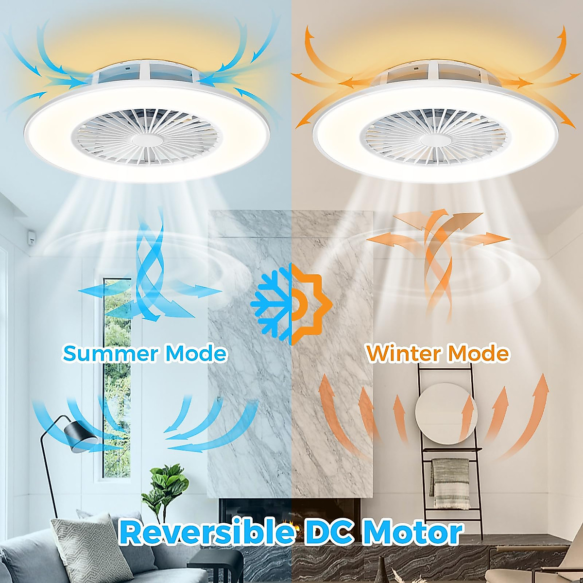 22 Inch Ceiling Fan with Lights Remote Control, Bladeless Bedroom Ceiling Fans with Lights Dimmable, 6 Speeds LED Ceiling Fan Quiet, Night Light/Color Temperature Adjustment/Timing Off/App Control