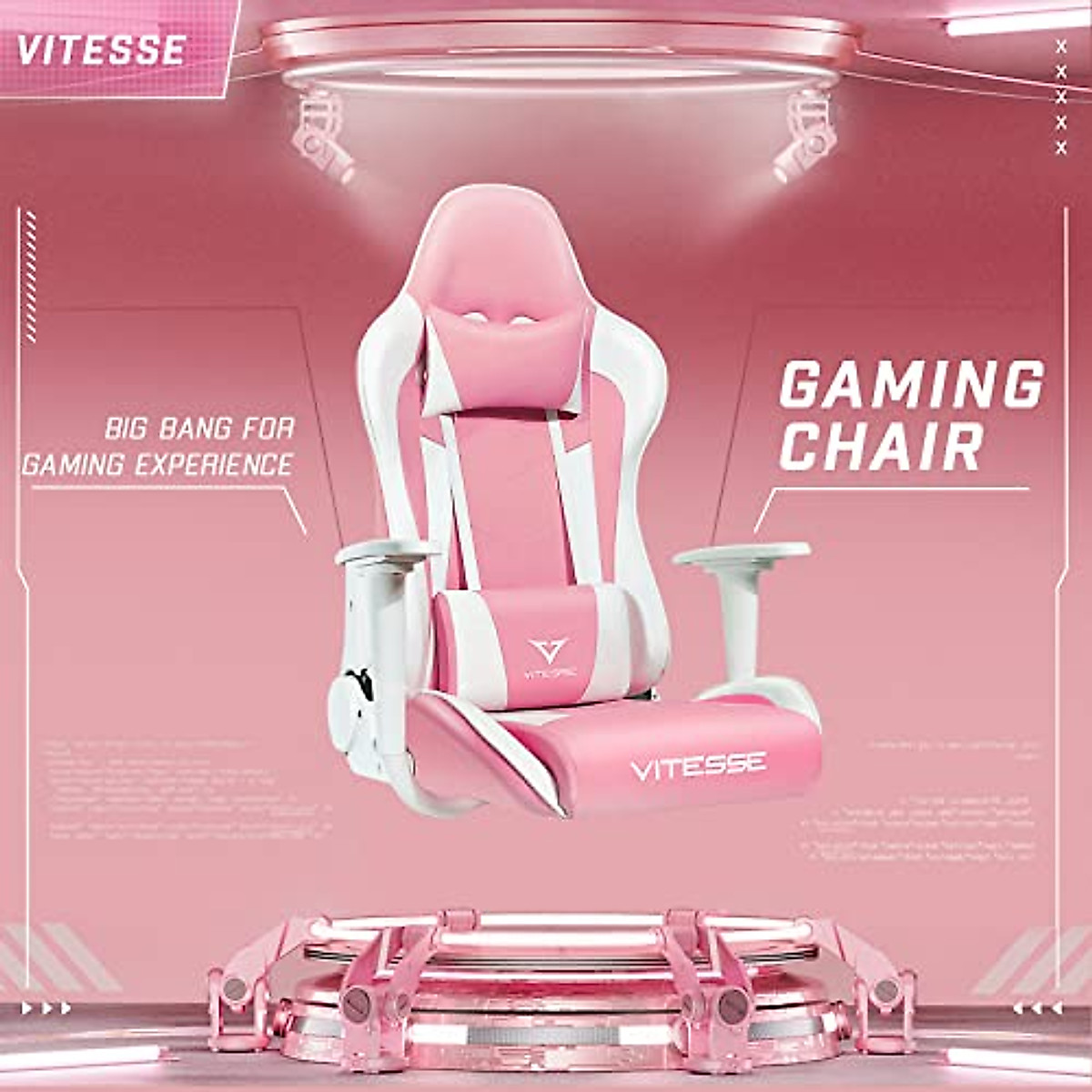 PUKAMI Pink Cute Kawaii Gaming Chair for Girl Ergonomic Desk Racing Office Chair Adjustable High Back Game Chair Swivel Leather Chair with Lumbar Support and Headrest