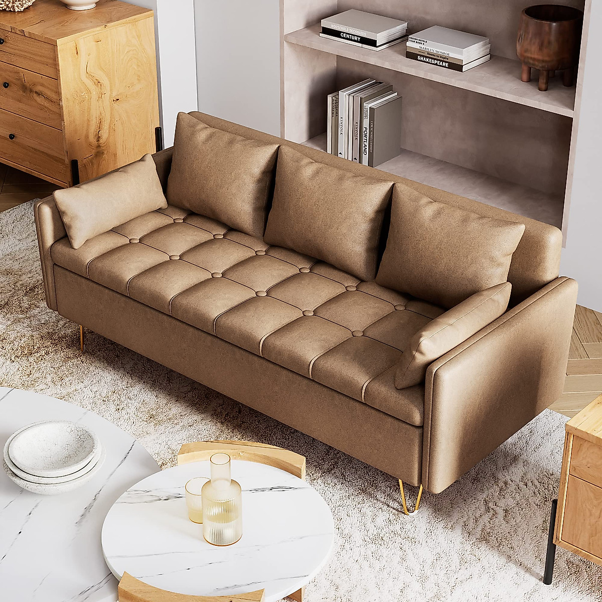 Senfot Sofa Couch Faux Leather 3-Seater Sofas with Hand Stitched Comfortable Cushion, Modern Design with Gold Metal Legs and Lift-Up Storage for Living Room in Light Brown
