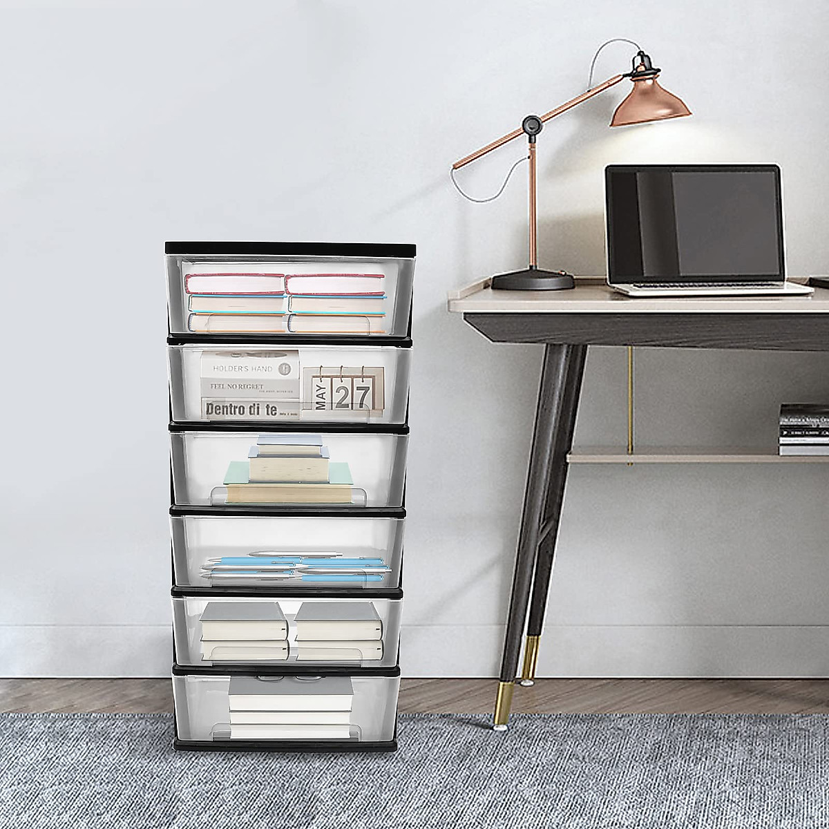 LINISHOP 6-Tier Rolling Storage Cart Rectangle Rolling Storage Cabinet Organizer Books Documents Storage Foldable Drawer Shelves Unit Rack with 4 Wheels for Home Office PP 19.7*13*43in (Black+Clear)