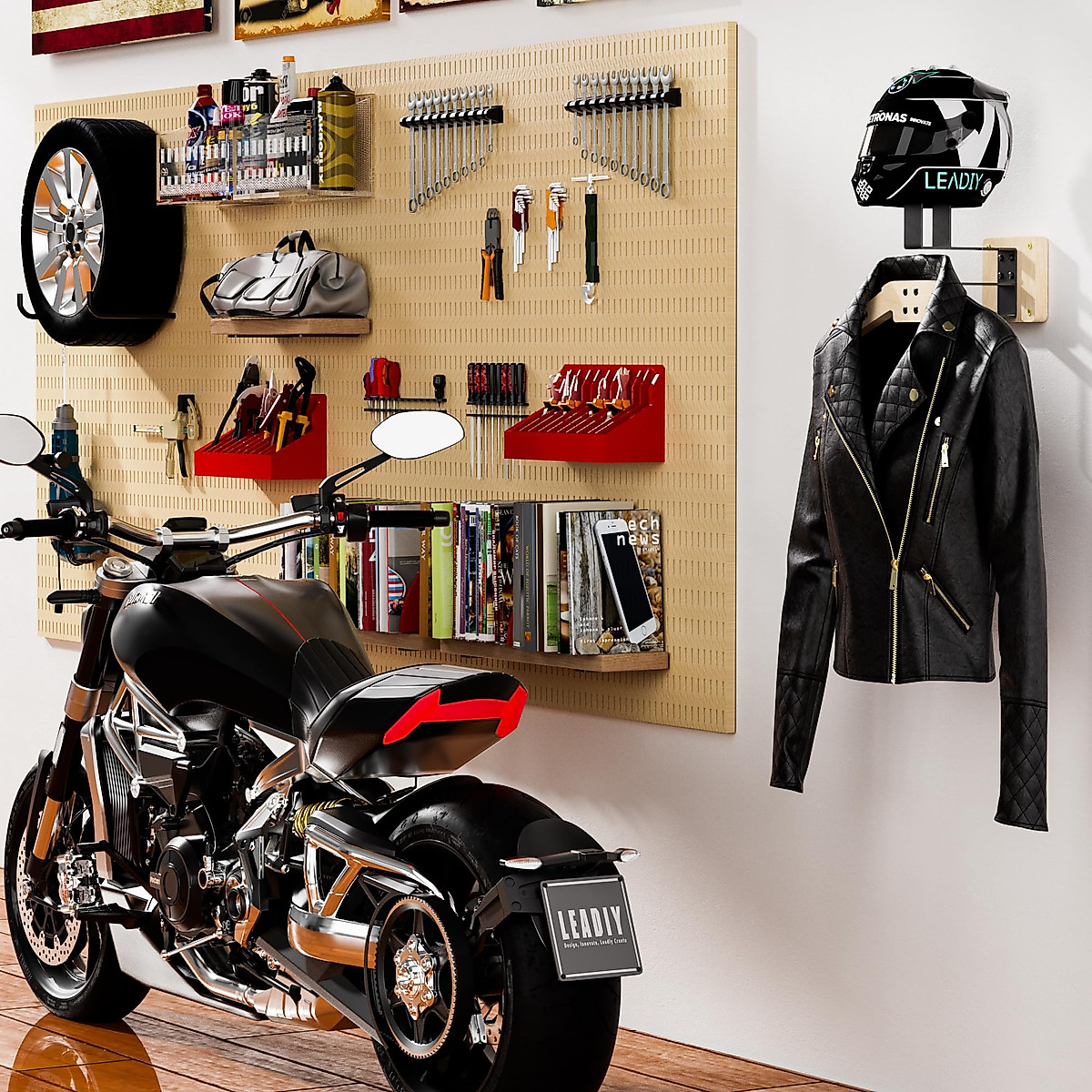 Leadiy Motorcycle Helmet Holder, Helmet Holder Wall Mount,Motorcycle Helmet Rack with Jacket Hanger