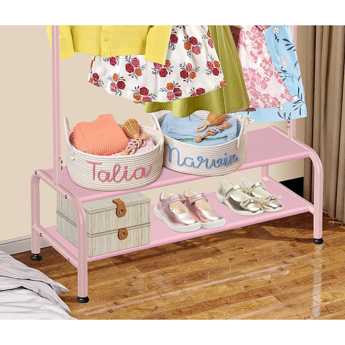 Kids Clothing Rack - Kids Dress Up Clothes Storage Racks - Dress Up Rack for Little Girls - Small Kids Costume Wardrobe Rack with 2 Fabric Floors Storage Shelf - Mini Short Kids Clothing Garment Rack