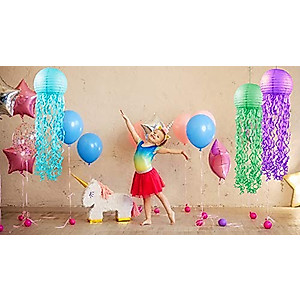 Jellyfish Paper Lanterns 3 Pack Purple Green and Blue Mermaid Under The Sea Ocean Birthday Party Decorations Supplies Easy Setup Room Décor