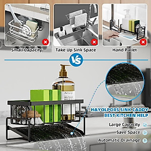 HAYOLPORS Sponge Holder for Kitchen Sink - Rustproof Sink Caddy for Countertop, Kitchen Sink Organizers and Storage Dish Soap Dispenser Home Gadgets Essentials Organization Accessories, Black