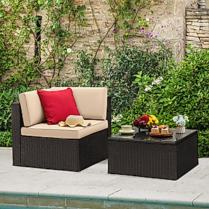 Devoko 2 Piece Patio Furniture Set, All Weather PE Rattan Outdoor Sofa Set Single Sofa with Table for Garden Lawn Poolside (2 Piece, Beige)