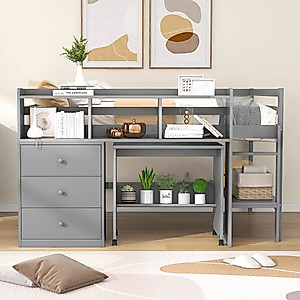 Wood Full Size Low Loft Bed with Rolling Portable Desk and Drawers,Shelves and Safety GuardRails,for Kids Boys Girls Teens Adults Bedroom (Gray@f, Full)