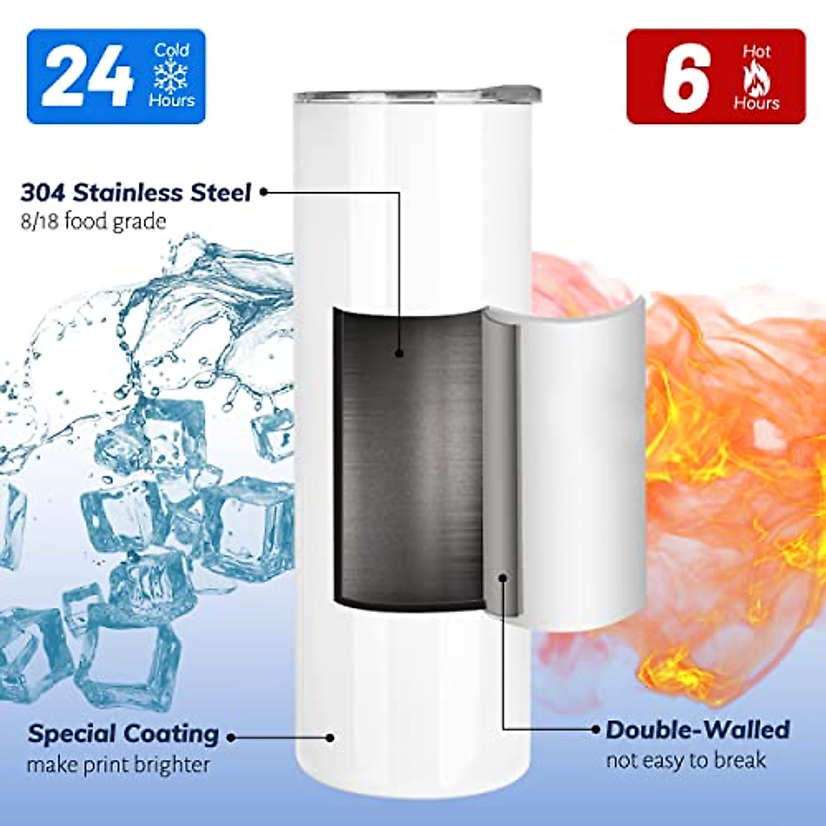 Joyclub 10 Pack Sublimation Tumblers Blank 20 oz Straight Skinny bulk for Heat transfer, Double Wall Insulated Tumbler with Lids, Straw, Rubber Bottoms, Individually Gift Boxed and Shrink Wrap Films