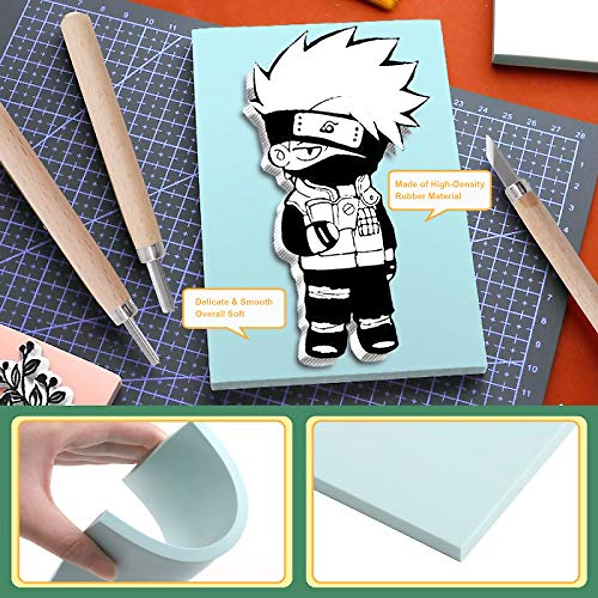 Keadic 24 Pieces Rubber Block Stamps Carving Starter Tool Kit, Comes with Stamp Block, Ink Roller, 6 Carving Tools, Tracing Papers, Pencil & Ink Mixing Tray for Stamp Carving and Printmaking