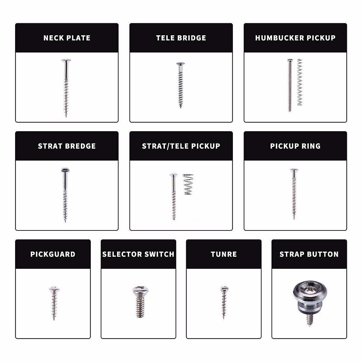 Cheerock Guitar Screws Kit for Electric Guitar Bridge, Pickup, Pickguard, Tuner, Switch, Neck Plate, 254 Pieces Guitar DIY Kit with A Elbow Tweezers (9 Types, Sliver)