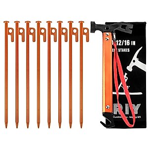 RIY Tent Stakes, 8Pcs Heavy Duty 12 Inch Steel Tent Stakes with 12 Inch Camping Hammer, Hiking Camping Kit Easy to Carry and Use