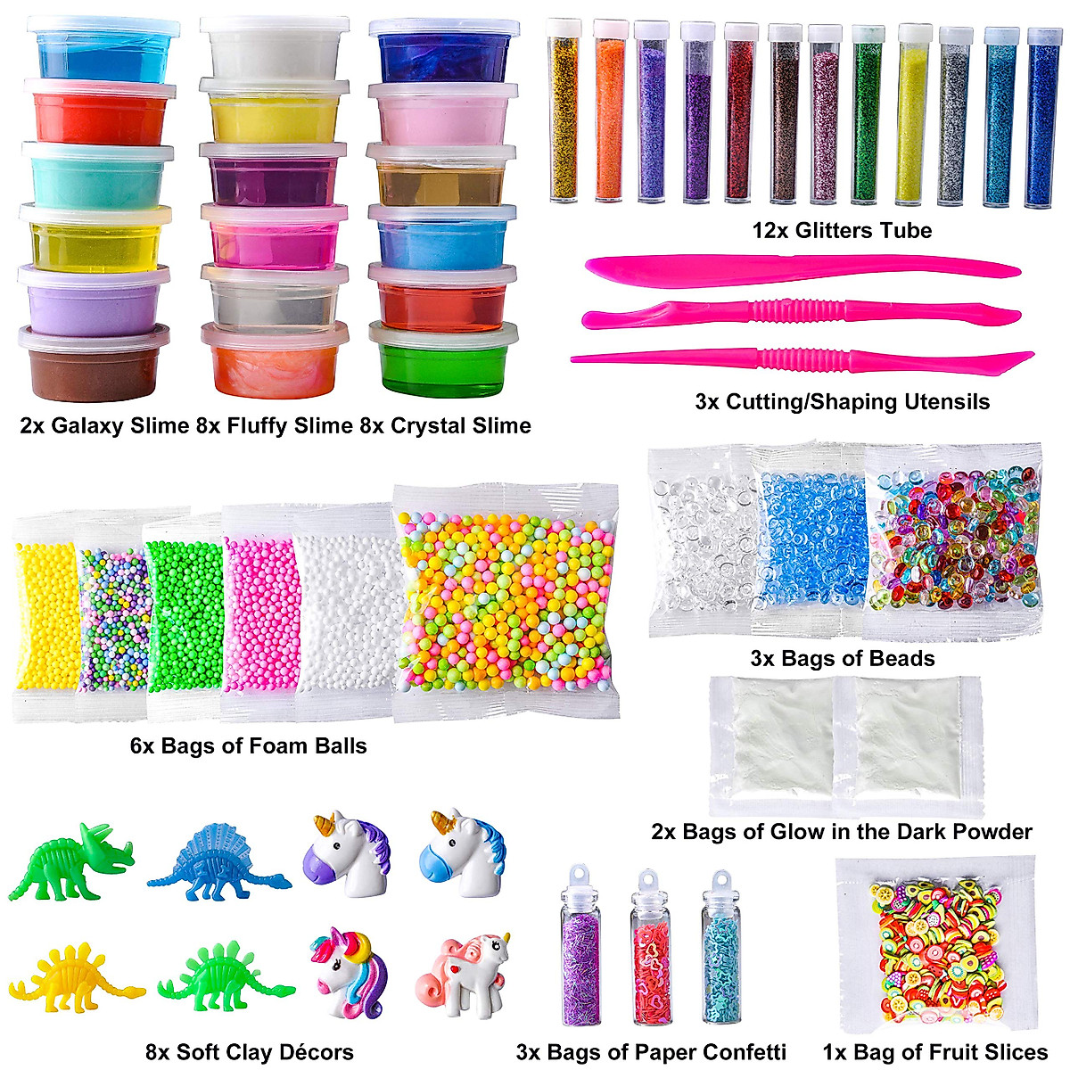 JOYIN 56 Pcs Slime Supplies DIY Slime Kit Making Set for Kids, Kids Art Craft with 18 Slime and 38 Accessories, Fruit Slices, Foam Balls, Cutting Tools, Soft Clay, Glitter Tubes, Fidget Toy