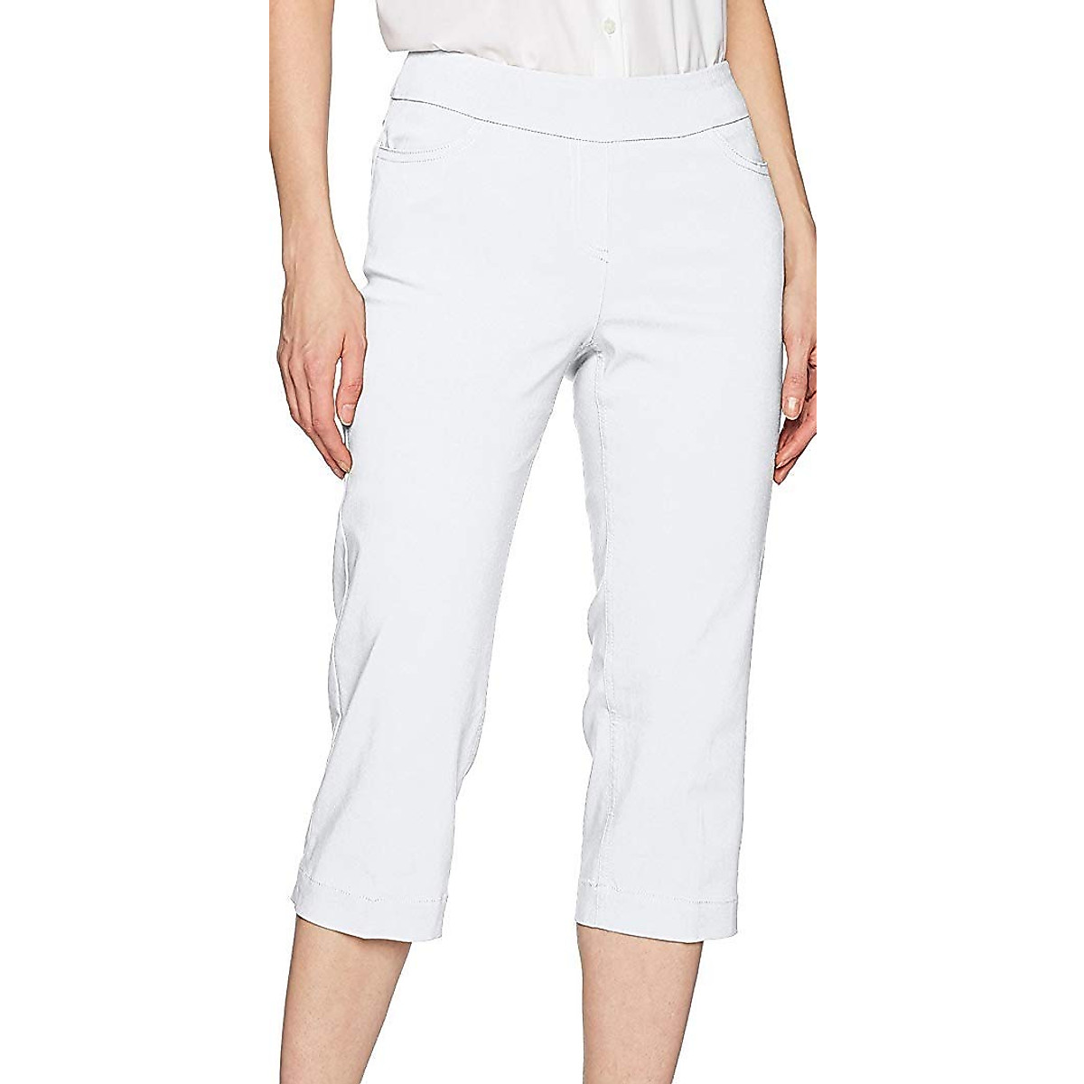 SLIM-SATION Women's Wide Band Pull On Straight Leg Capri with Tummy Control, White, 4