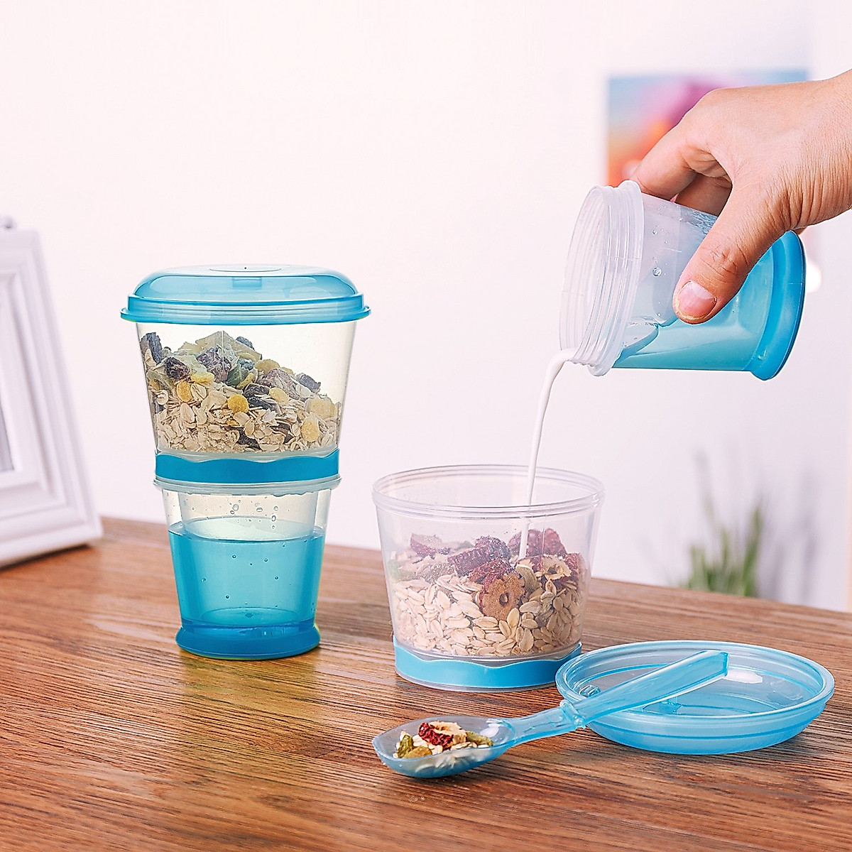 INOGIH Cereal On the Go Cups Breakfast-Portable Drink-Cup Cereal To-Go Container-Cup with Spoon (Blue)