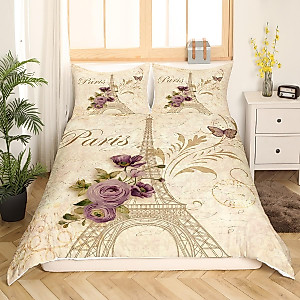 Eiffel Tower Bedding Set,Purple Rose Duvet Cover for Kids Teens Boys Girls,Romantic Paris Comforter Cover Decorative Room,Retro Style Quilt Cover with 2 Pillowcases,King Size