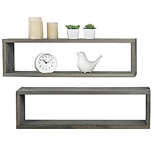 MyGift 24 Inch Wall Mounted Rustic Gray Solid Wood Cubby Floating Shelves, Display Storage Shelf for Bedroom, Living Room, Bathroom, Kitchen, Office, Set of 2