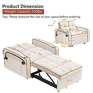 HUMEHA Convertible Chair Bed, Modern Velvet Sofa Chair Sleeper Bed with USB Ports & Cup Holders, Adjustable Backrest Single Lounge Armchair with Phone Holder for Living Room Bedroom, Creamy White