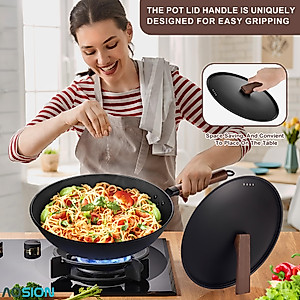 AOSION 13'' Carbon Steel Wok, 12 Piece Wok Pan & Stir-Fry Pans Set with Lid & Cookwares, No Chemical Coated Flat Bottom Chinese Wok Pan for Induction, Electric, Gas, Halogen, All Stoves
