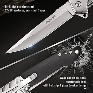edcfans Folding Pocket Knife with Clip for Men Everyday Carry, EDC Camping Knives with Glass Breaker, Locking Liner and Wood Handle, Cool Tactical knifes for Outdoor Survival Hiking hunting Fishing
