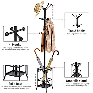 Hoctieon Coat Rack Freestanding,Entryway Coat Hanger Stand,Umbrella Holder,Hall Tree With 12 Hooks,Standing Coat Rack,Floor Standing Metal Umbrella Tree Stand, Black