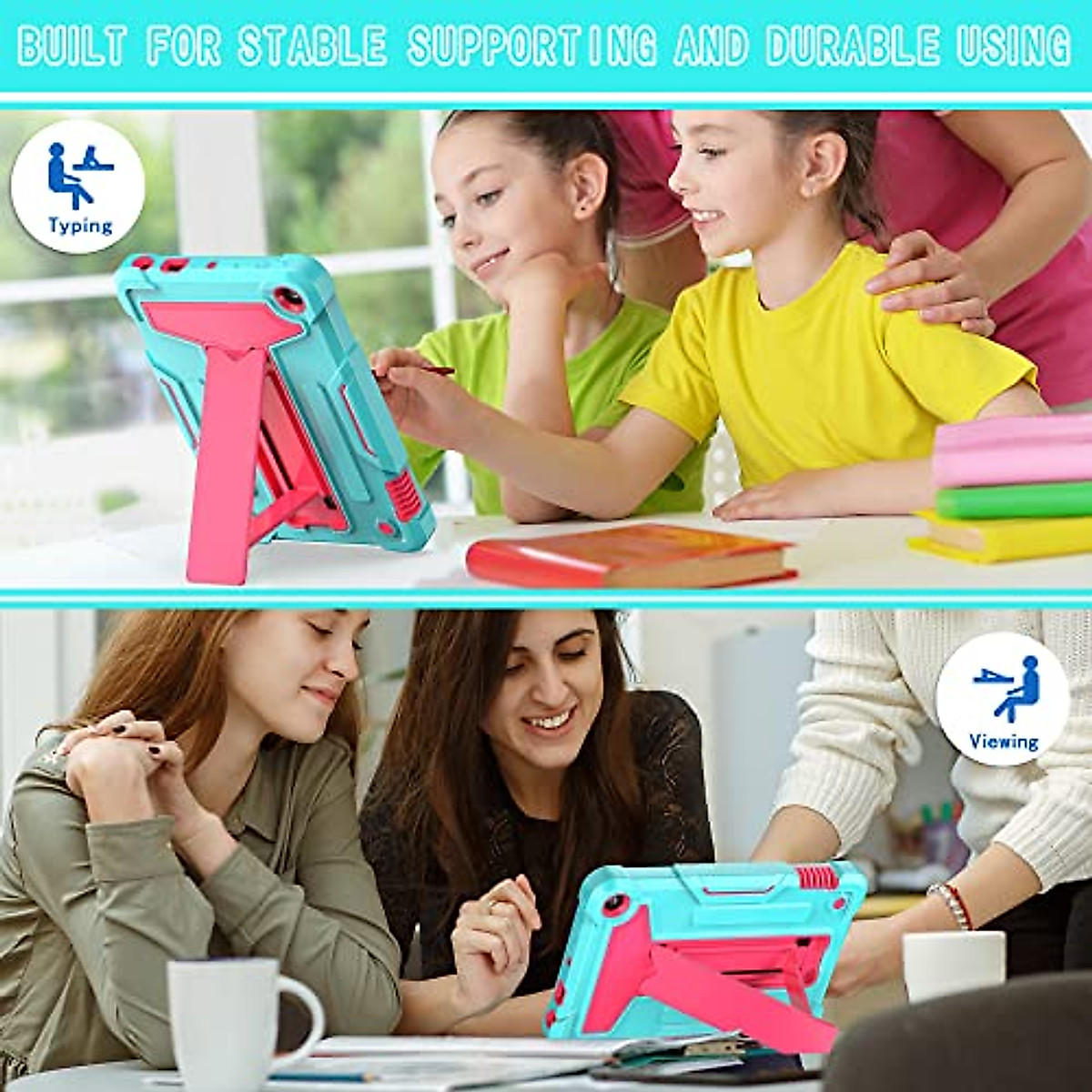 EpicGadget Case for Amazon Fire 7 Tablet (12th Generation, 2022 Released) - Heavy Duty Hybrid Impact Resistant Case Cover with Kickstand + 1 Stylus and 1 Screen Protector (Teal/Pink)