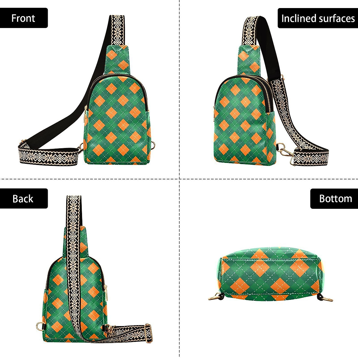 Women Crossbody Sling Backpack St-patrick-day-green-orange-plaid Girl Chest Bag Daypack for Hiking Traveling