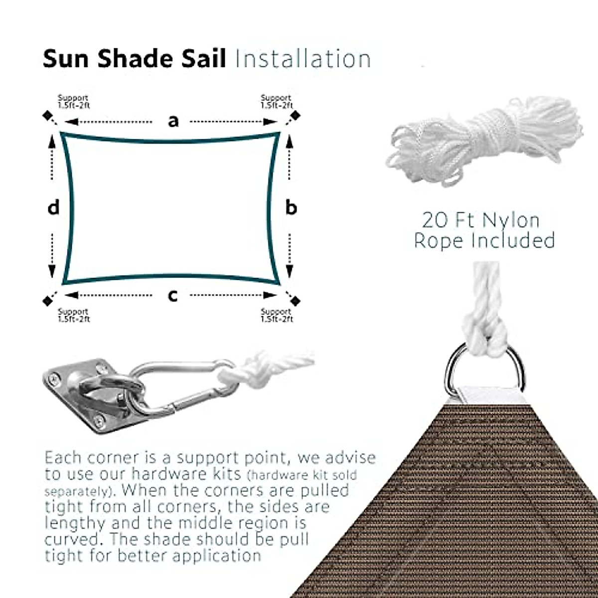 ECOOPTS 22'x22' Sun Shade Sail Rectangle Canopy Cover for Outdoor Patio Pergola Backyard Garden 180GSM HDPE Fabric 95% UV Blockage (Brown)