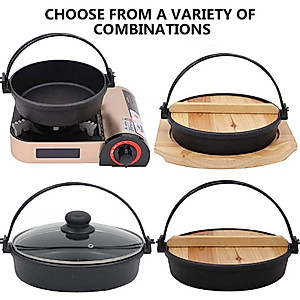 Japanese Style Cast Iron Sukiyaki Nabe Pot Set Single Serving Shabu Shabu Hot Pot Pan with Wooden Lid for BBQ Picnic Camping-7.8Inch