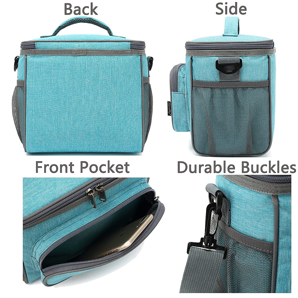 FlowFly Insulated Reusable Lunch Bag Adult Large Lunch Box for Women and Men with Adjustable Shoulder Strap,Front Zipper Pocket and Dual Large Mesh Side Pockets,SeaBlue