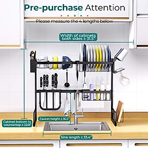 BASSTOP Dish Drying Rack Over Sink, Length Adjustable (25.6''≤Sink Size≤''33.5) Stainless Steel Above Sink Dish Rack Drainer Shelf with 2 Tier 6 Hook for Kitchen Counter Space Saving-Matte Black