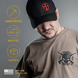 Dion Wear Crusader Cross Cap - Flex Fit Baseball Hats for Men (L/XL Grey on Black)