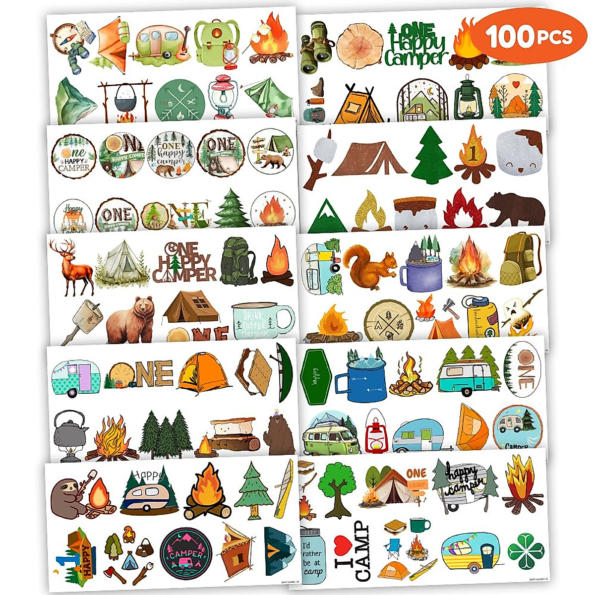 Cute Camper Temporary Tattoos Camping First Birthday Party Decorations Favors Supplies 1st Themed Stickers 10 Sheets 100 PCS Gifts for Baby Kids Girls Boys Decor Class School Carnival Christmas