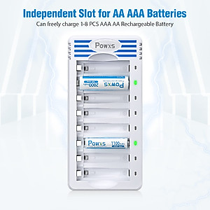 POWXS 8 Bay AA AAA Batteries Charger, Independent and Fast Battery Charger for 1.2V Ni-MH Ni-CD AA Triple AAA Rechargeable Batteries with Convenient USB Cable