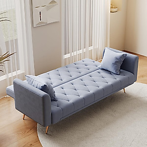 72"Modern Velvet Sofa Bed Futon,Convertible Folding Sleeper Bed Couches with 3 Adjustable Backrests,Tufted Recliner Loveseat with Golden Chrome Legs for Small Living Room Office (Dark Grey+pillows)