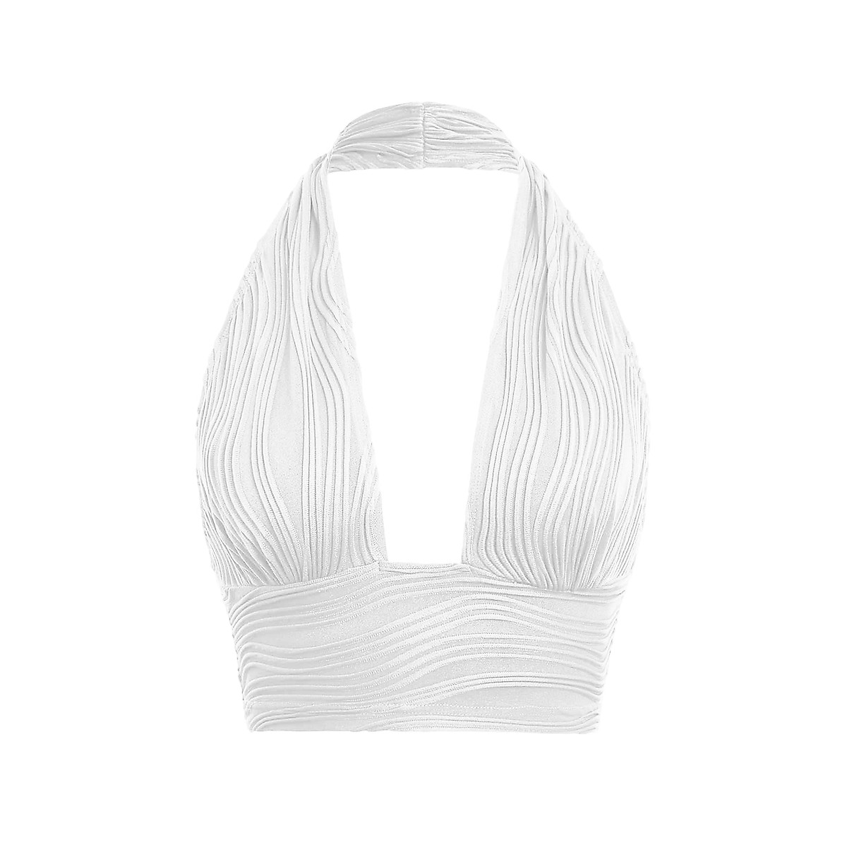 SOFIA'S CHOICE Women's Textured Deep V Neck Halter Tops Sexy Backless Sleeveless Crop Tank Top Cami White Small