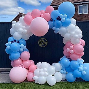 Pink and Blue Latex Balloons, 50 Pack 12 inch Pink Blue White Party Balloons with 33ft Ribbon for Gender Reveal Baby Shower Birthday Bridal Shower Wedding Party Decorations Supplies