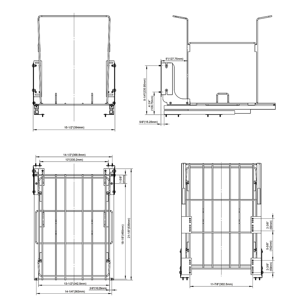 Dowell Alu Bottom Mount Pull-Out Waste Container With Door Mounting Kit - Pull-Out Wire Basket-Grey 2 Waste Can-for 18" Frameless / 21" Face Framed Cabinet-4012 0218 35